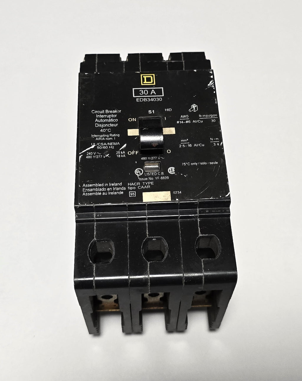 Square D EDB34030 240/480/277 3-Pole 30A 14-6AWG Molded Case Circuit B ...